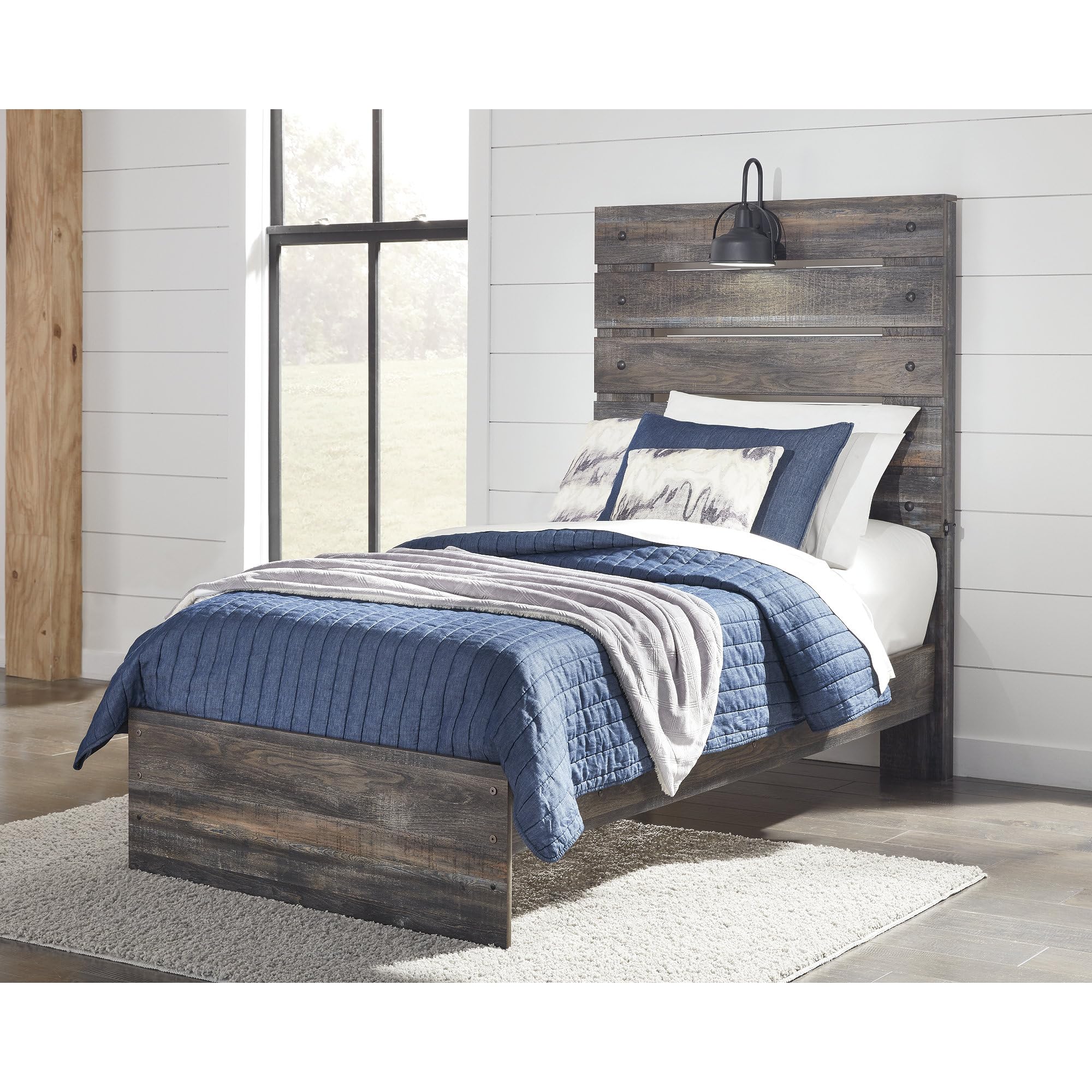 Signature Design by Ashley Drystan Rustic Panel Headboard ONLY with USB Charging Stations, Twin, Brown