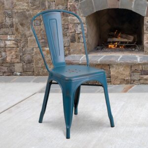 emma + oliver commercial grade distressed blue metal indoor-outdoor stackable chair