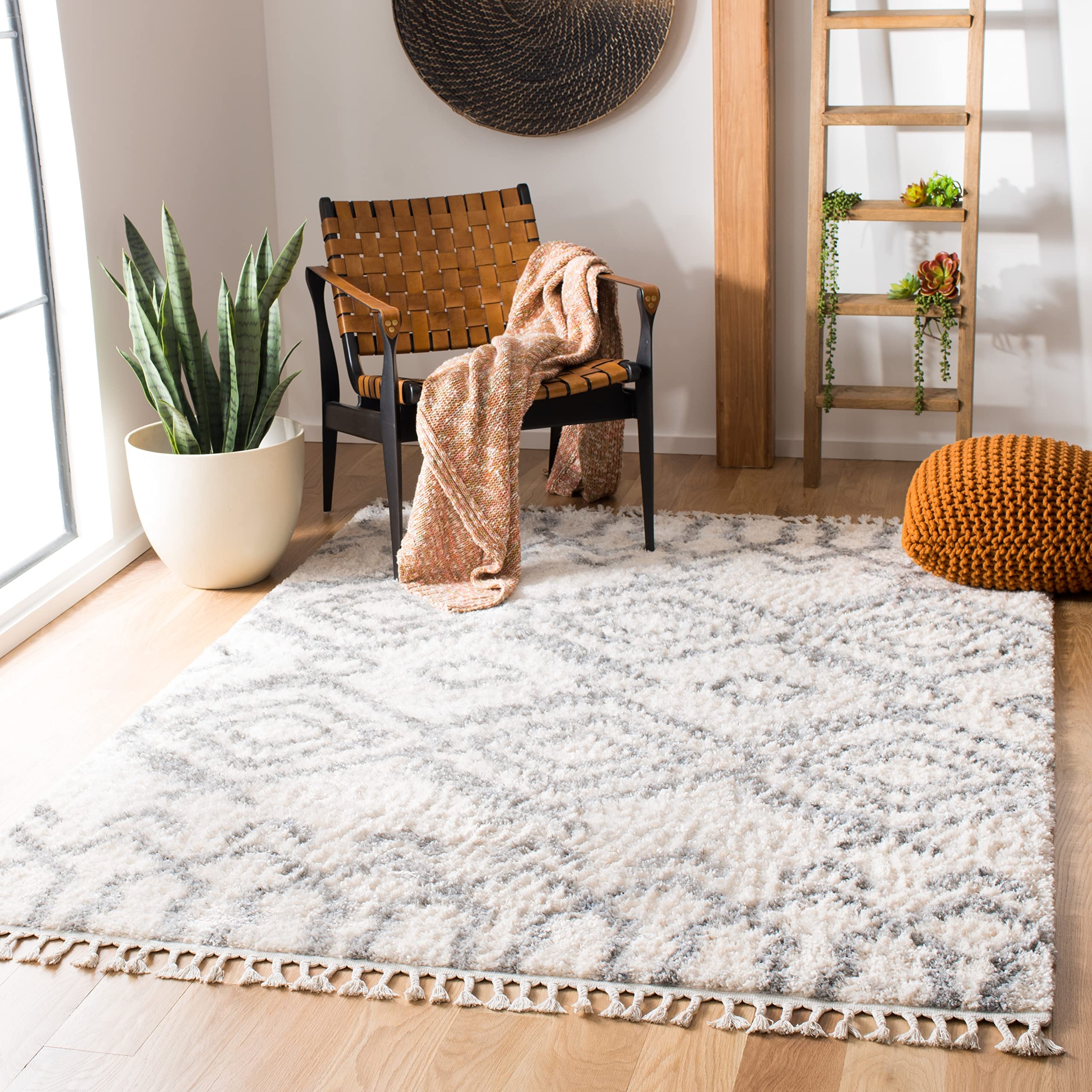 SAFAVIEH Berber Fringe Shag Collection Area Rug - 9' x 12', Cream & Grey, Moroccan Design, Non-Shedding & Easy Care, 1.2-inch Thick Ideal for High Traffic Areas in Living Room, Bedroom (BFG611A)