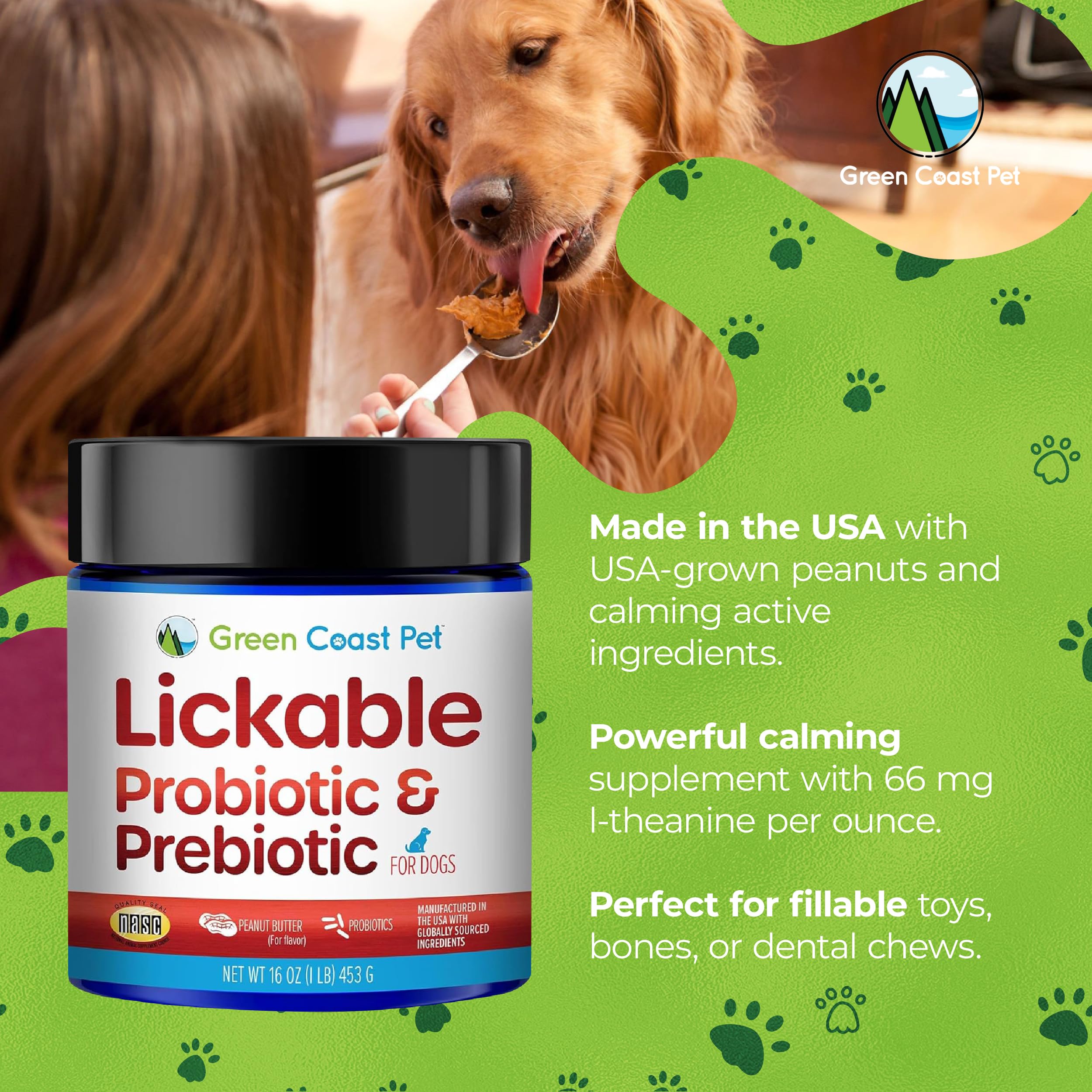 Green Coast Pet Lickable Actives Probiotic & Prebiotic Supplement for Dogs, 16 oz | Made in USA | 30 Day Supply