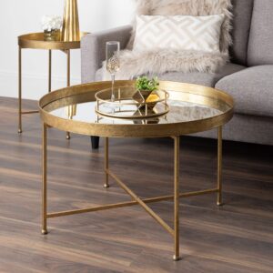 Kate and Laurel Celia Metal Foldable Round Accent Coffee Table, 28.25" x 28.25" x 19", Mirrored Surface and Gold Frame, Modern Minimalist Design and Detachable Magnetic Tabletop