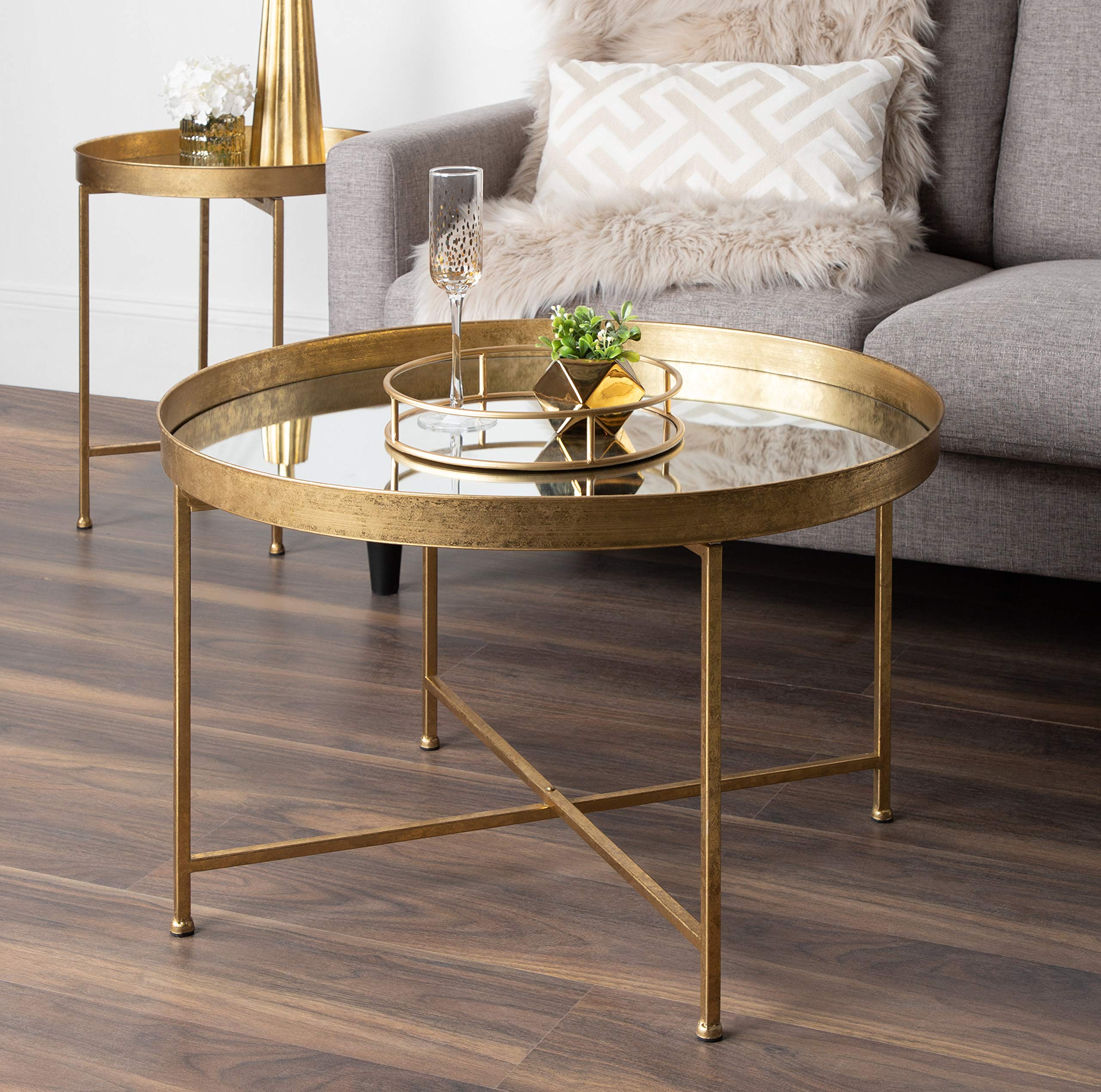 Kate and Laurel Celia Metal Foldable Round Accent Coffee Table, 28.25" x 28.25" x 19", Mirrored Surface and Gold Frame, Modern Minimalist Design and Detachable Magnetic Tabletop