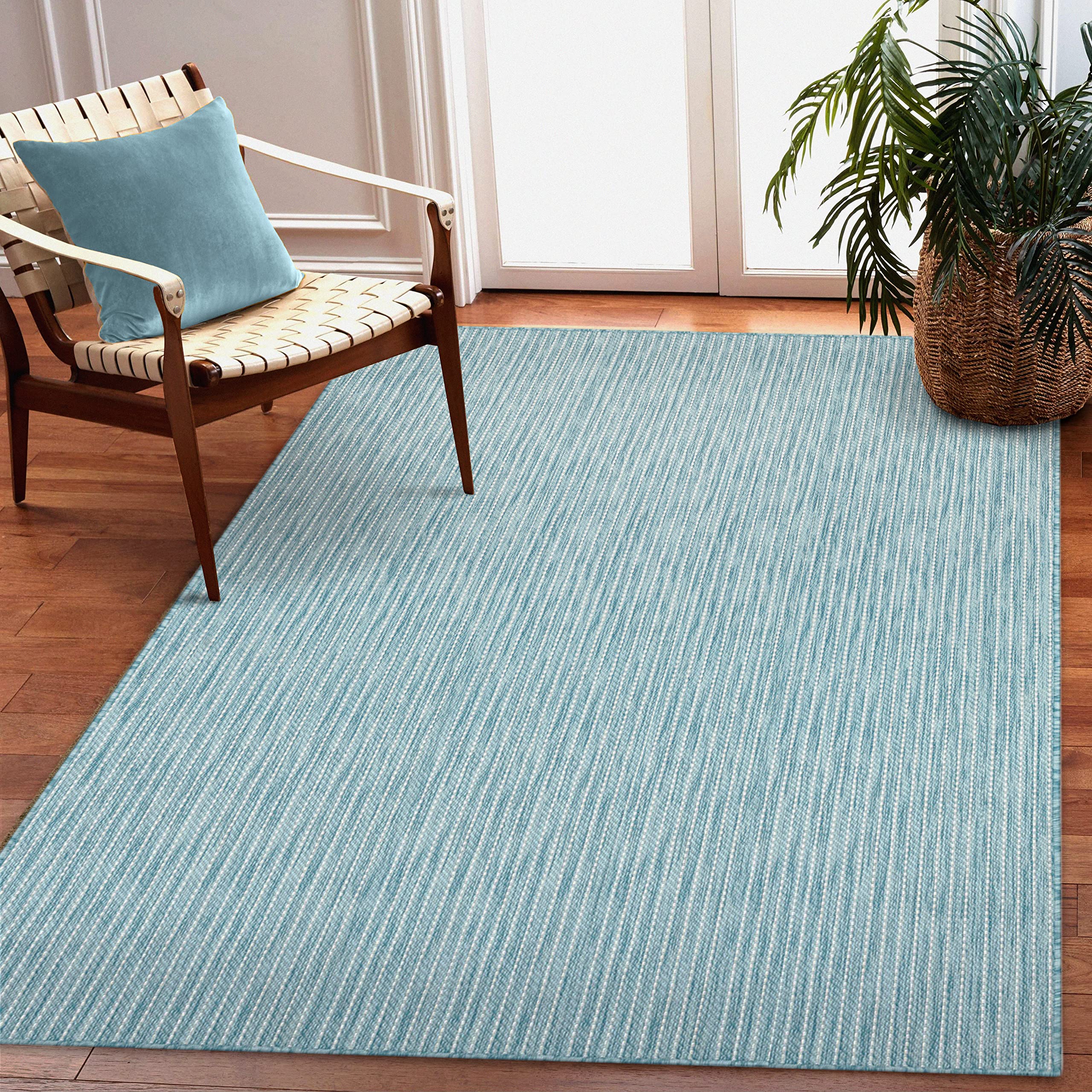 Liora Manne CARMEL Indoor/Outdoor Power Loomed Synthetic Blend Low Profile Area Rug - Transitional Stripe Global Colorful (Texture Stripe Aqua) (7'10" x 9'10")