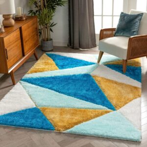 well woven walker blue triangle boxes thick soft plush 3d textured shag (5'3" x 7'3") area rug