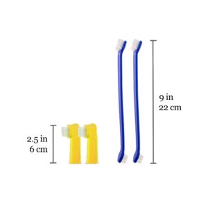 SunGrow Dog & Ferret Toothbrush Set of 4, 2 Long Dual-Headed Toothbrush and 2 Finger Brush, Blue and Yellow, Puppy, Cat, and Small Breed Dog Toothbrush, 9-Inches and 2.5-Inches