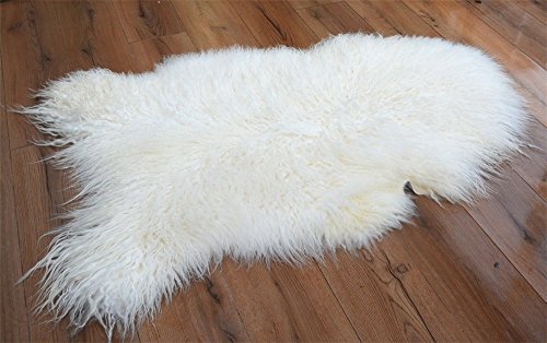 Genuine Tibetan Mongolian Sheepskin Fur Rug Hide Pelt Throw Rug Lamb Wool Carpet Fur Used for Area Rug or Across Armchair，Ivory White