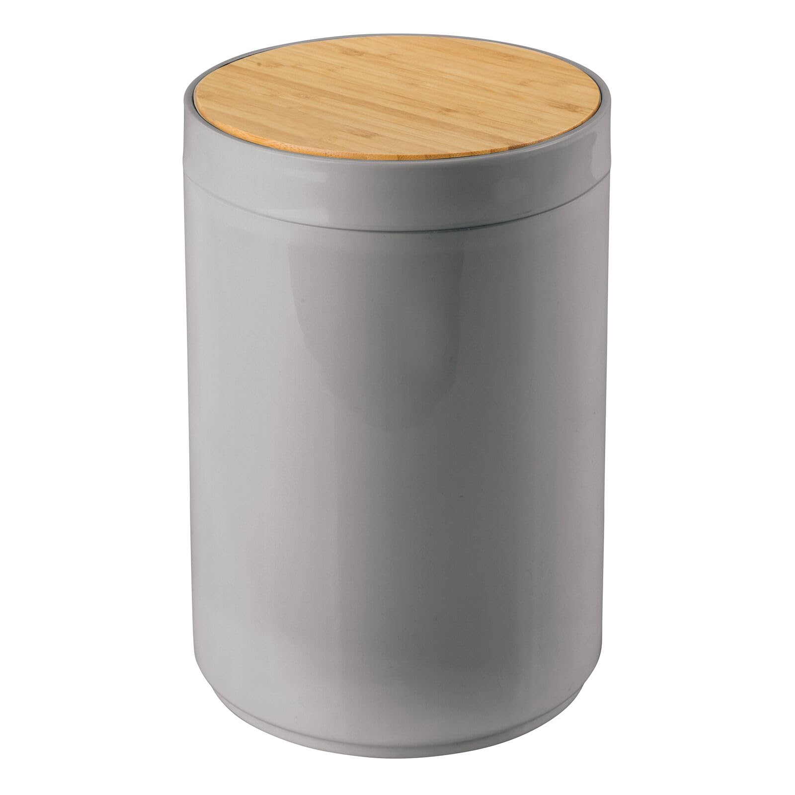 mDesign Plastic Round Trash Can Small Wastebasket - Garbage Bin Container with Swing-Close Lid - Bathroom Garbage Basket - Holds Waste, Recycling - 1.3 Gallon - Basa Collection - Gray/Natural