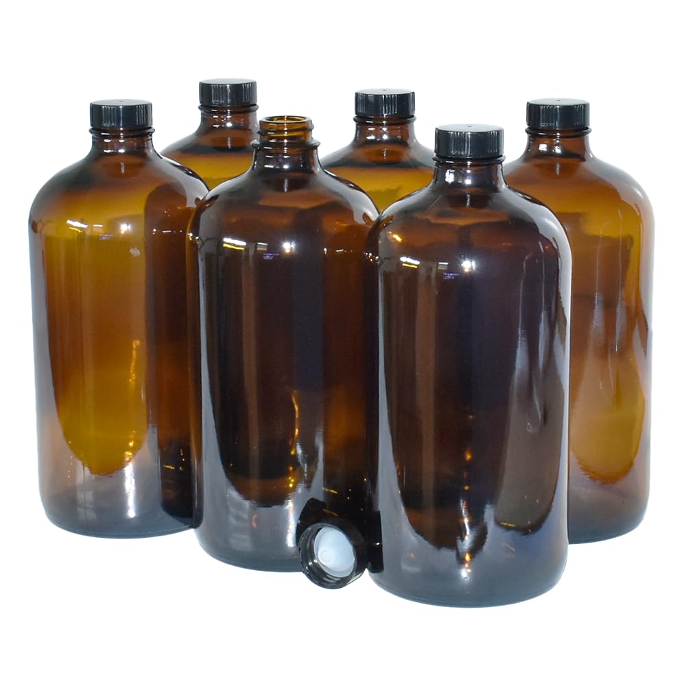 GlassBottleOutlet (Pack of 6) 32 oz. Amber Boston Round with Black Poly Cone Cap