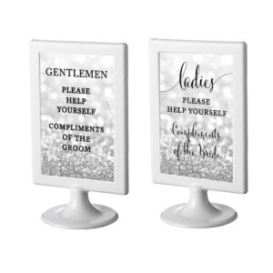 andaz press framed wedding party signs, glitzy silver glitter, 4x6-inch, ladies gentlemen please help yourself compliments of the bride groom bathroom basket signs, double-sided, 2-pack