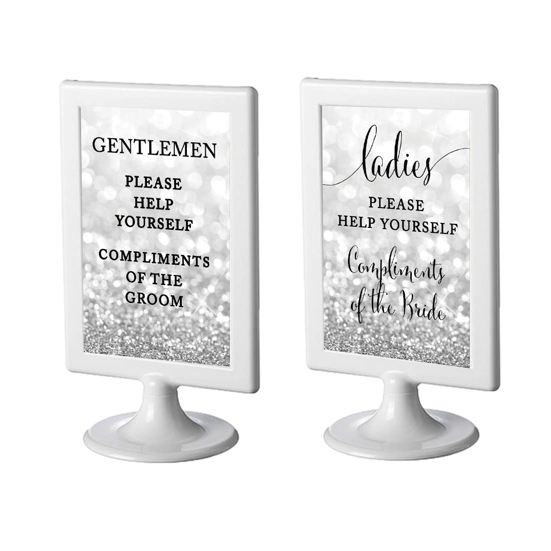 Andaz Press Framed Wedding Party Signs, Glitzy Silver Glitter, 4x6-inch, Ladies Gentlemen Please Help Yourself Compliments of The Bride Groom Bathroom Basket Signs, Double-Sided, 2-Pack