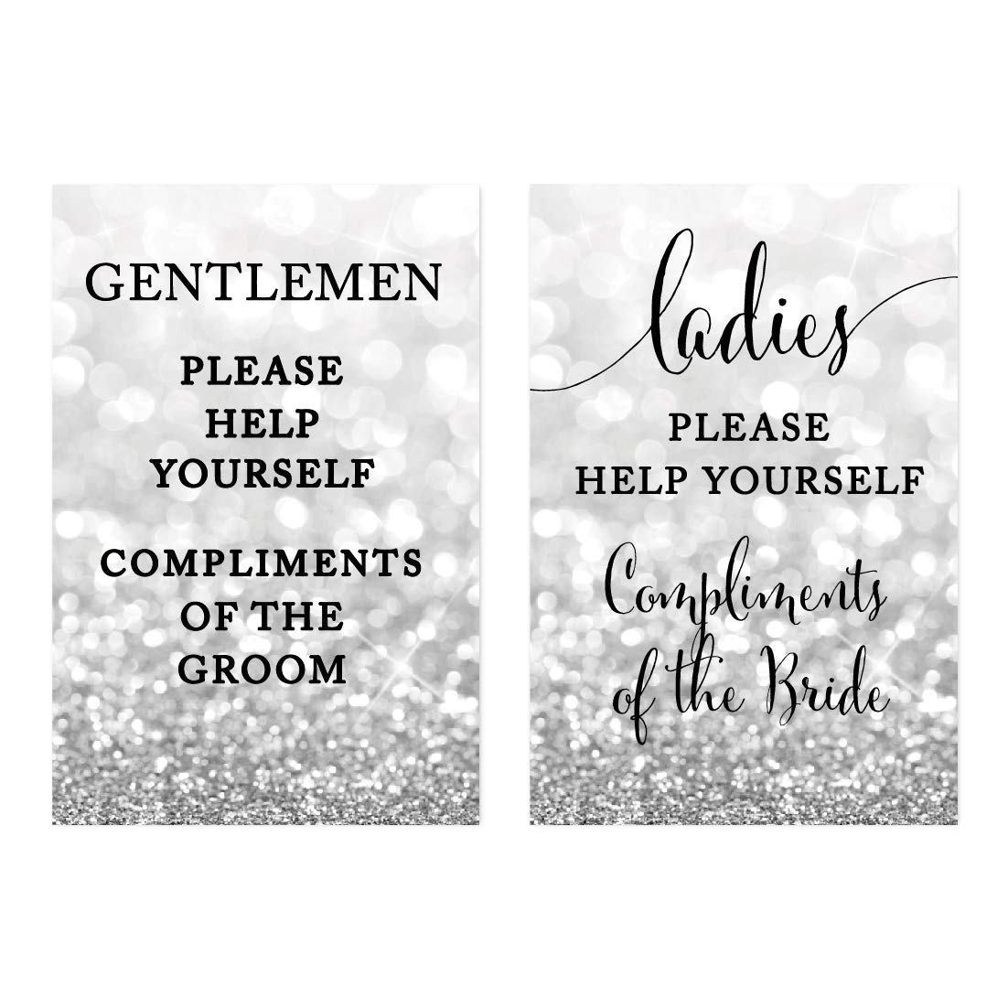 Andaz Press Framed Wedding Party Signs, Glitzy Silver Glitter, 4x6-inch, Ladies Gentlemen Please Help Yourself Compliments of The Bride Groom Bathroom Basket Signs, Double-Sided, 2-Pack