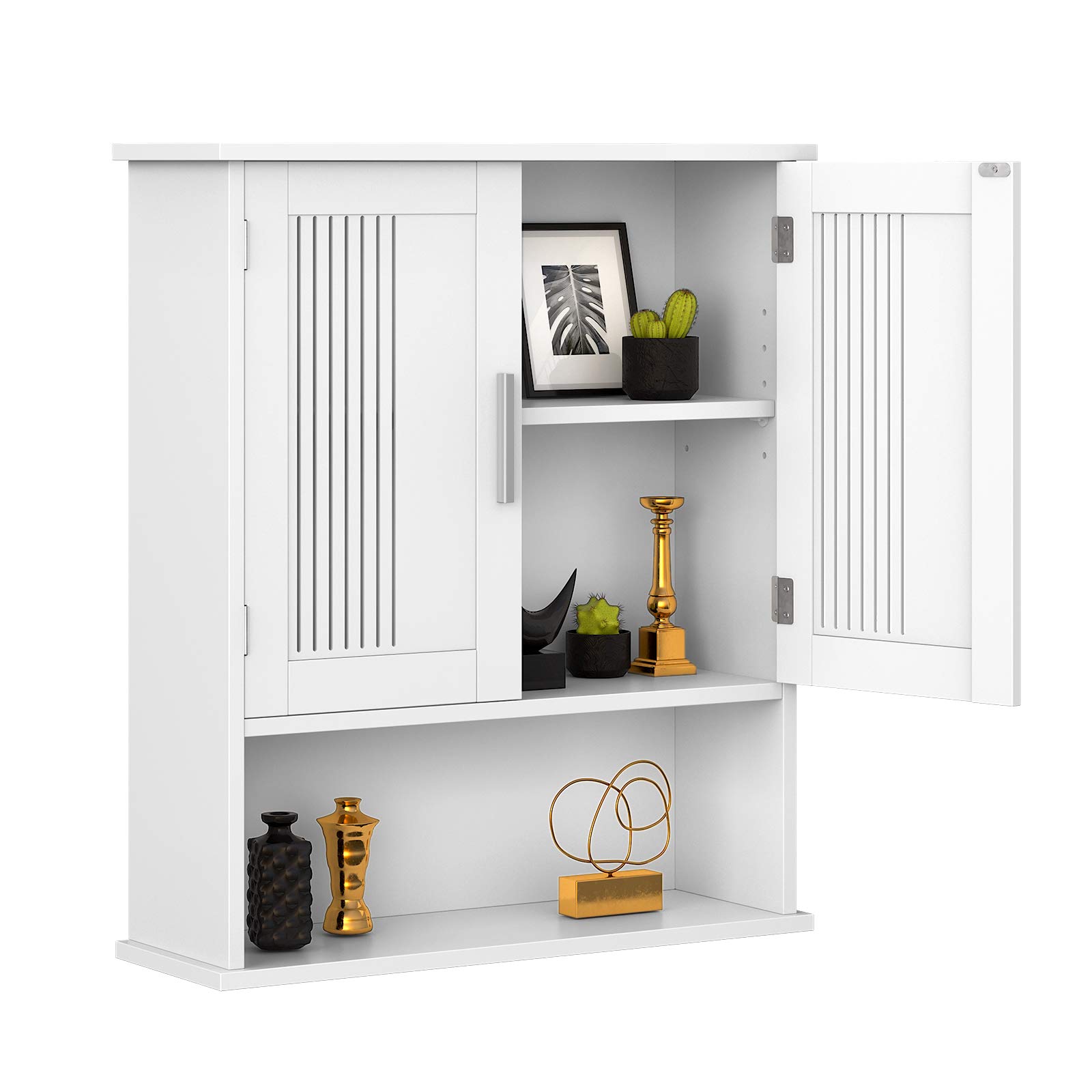 VASAGLE Wall Cabinet, Hanging Bathroom Storage Organizer, Medicine Cupboard with Adjustable Shelf, Double Doors and Open Shelf, 23.6 x 7.8 x 27.5 Inches, Wooden, White UBBC26WT