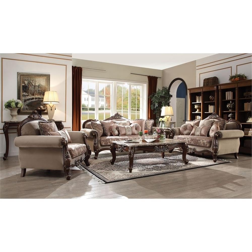 Acme Mehadi Upholstery Rolled Arm Loveseat with Queen Leg in Walnut