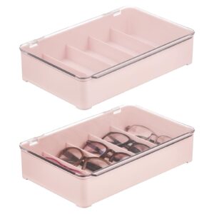 mdesign plastic stackable eyeglass case storage organizer with hinged lid for unisex sunglasses, reading glasses, fashion eye wear, protective glasses, 5 sections, ligne collection, 2 pack, light pink