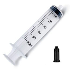 5 pack 60ml syringes luer lock with caps, plastic syringe for scientific labs and liquid dispensing metric multiple uses