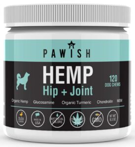 hemp hip & joint supplement for dogs with organic hemp oil, glucosamine, turmeric, msm - for joint support, mobility, arthritis pain relief and anxiety - 120 soft chews