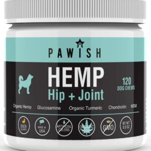 Hemp Hip & Joint Supplement for Dogs with Organic Hemp Oil, Glucosamine, Turmeric, MSM - for Joint Support, Mobility, Arthritis Pain Relief and Anxiety - 120 Soft Chews