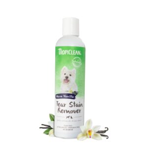 tropiclean warm vanilla tear stain remover for dogs | tearless blueberry facial for dogs | ideal for white dogs & all other coats | cat friendly | made in the usa | 8 oz.