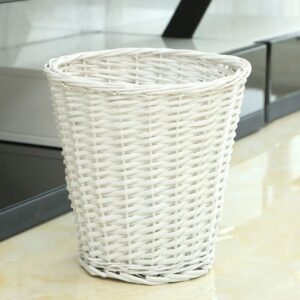 handwoven wicker trash can, round whitout lid waste paper bin rubbish bin for bedroom kitchen bathroom office-white 18x28x28cm(7x11x11inch)