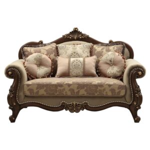 Acme Mehadi Upholstery Rolled Arm Loveseat with Queen Leg in Walnut