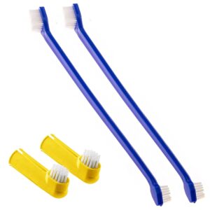 sungrow dog & ferret toothbrush set of 4, 2 long dual-headed toothbrush and 2 finger brush, blue and yellow, puppy, cat, and small breed dog toothbrush, 9-inches and 2.5-inches