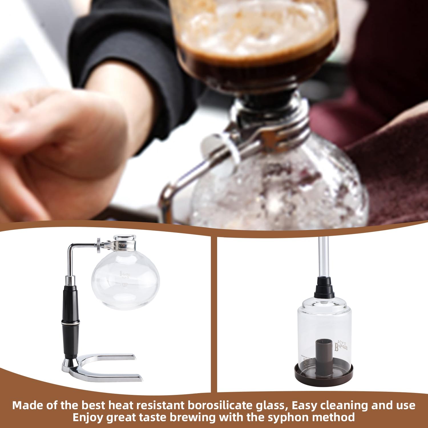 Amarine Made 5-Cup Siphon Coffee Maker, Tabletop Siphon Coffee Maker, Glass Siphon Vacuum Coffee Maker, 16 Ounce, Clear with Alcohol Burner (TCA-5)