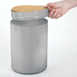 mDesign Plastic Round Trash Can Small Wastebasket - Garbage Bin Container with Swing-Close Lid - Bathroom Garbage Basket - Holds Waste, Recycling - 1.3 Gallon - Basa Collection - Gray/Natural