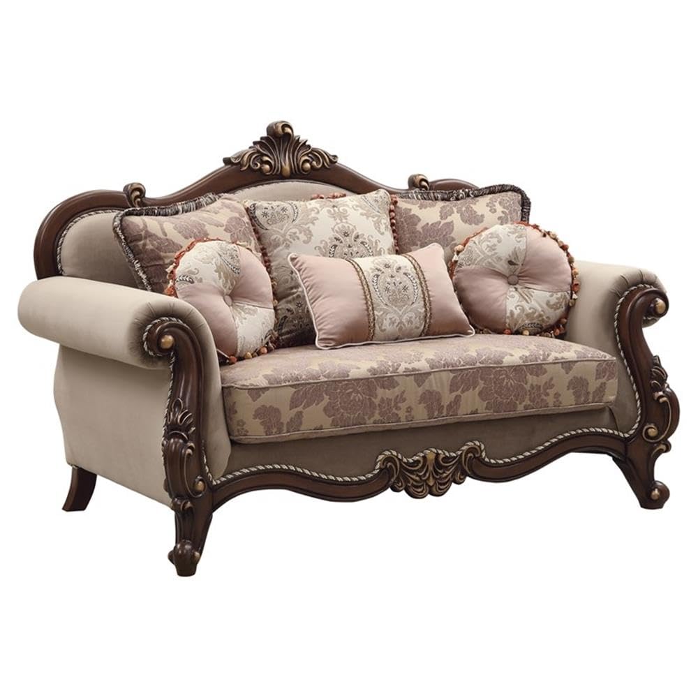 Acme Mehadi Upholstery Rolled Arm Loveseat with Queen Leg in Walnut