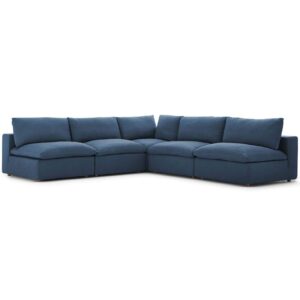 Modway Commix Down Filled Overstuffed 5 Piece Sectional Sofa Set, Corner Chair/Four Armless Chairs, Azure