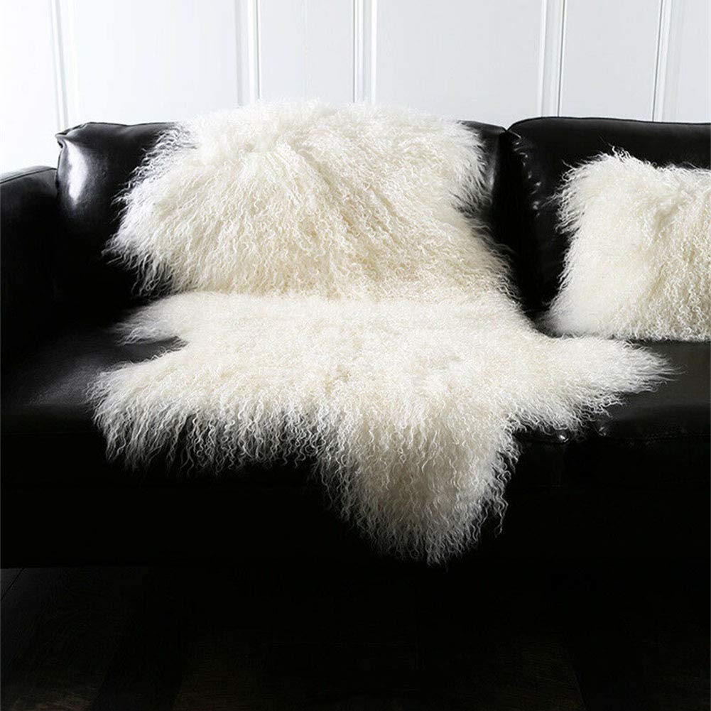 Genuine Tibetan Mongolian Sheepskin Fur Rug Hide Pelt Throw Rug Lamb Wool Carpet Fur Used for Area Rug or Across Armchair，Ivory White