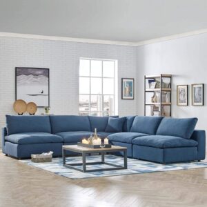 modway commix down filled overstuffed 5 piece sectional sofa set, corner chair/four armless chairs, azure