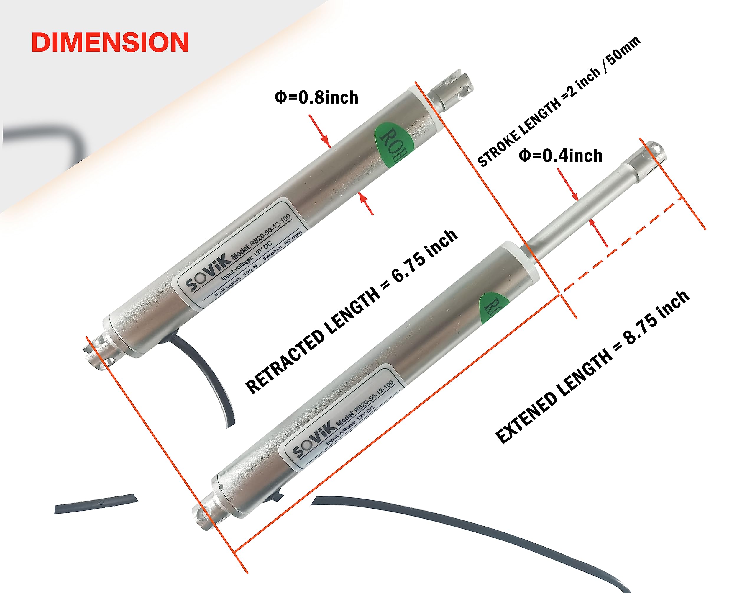 SOViK 12V DC Micro Linear Actuator 2 inch Stroke Max Force 22lbs Speed 0.5"/sec Tube Diameter 0.8" Internal Limit Switch