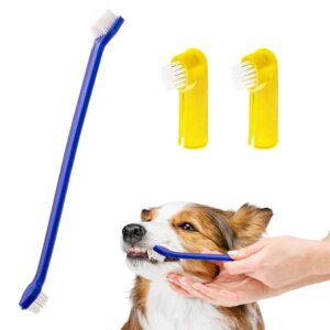 SunGrow Dog & Ferret Toothbrush Set of 4, 2 Long Dual-Headed Toothbrush and 2 Finger Brush, Blue and Yellow, Puppy, Cat, and Small Breed Dog Toothbrush, 9-Inches and 2.5-Inches