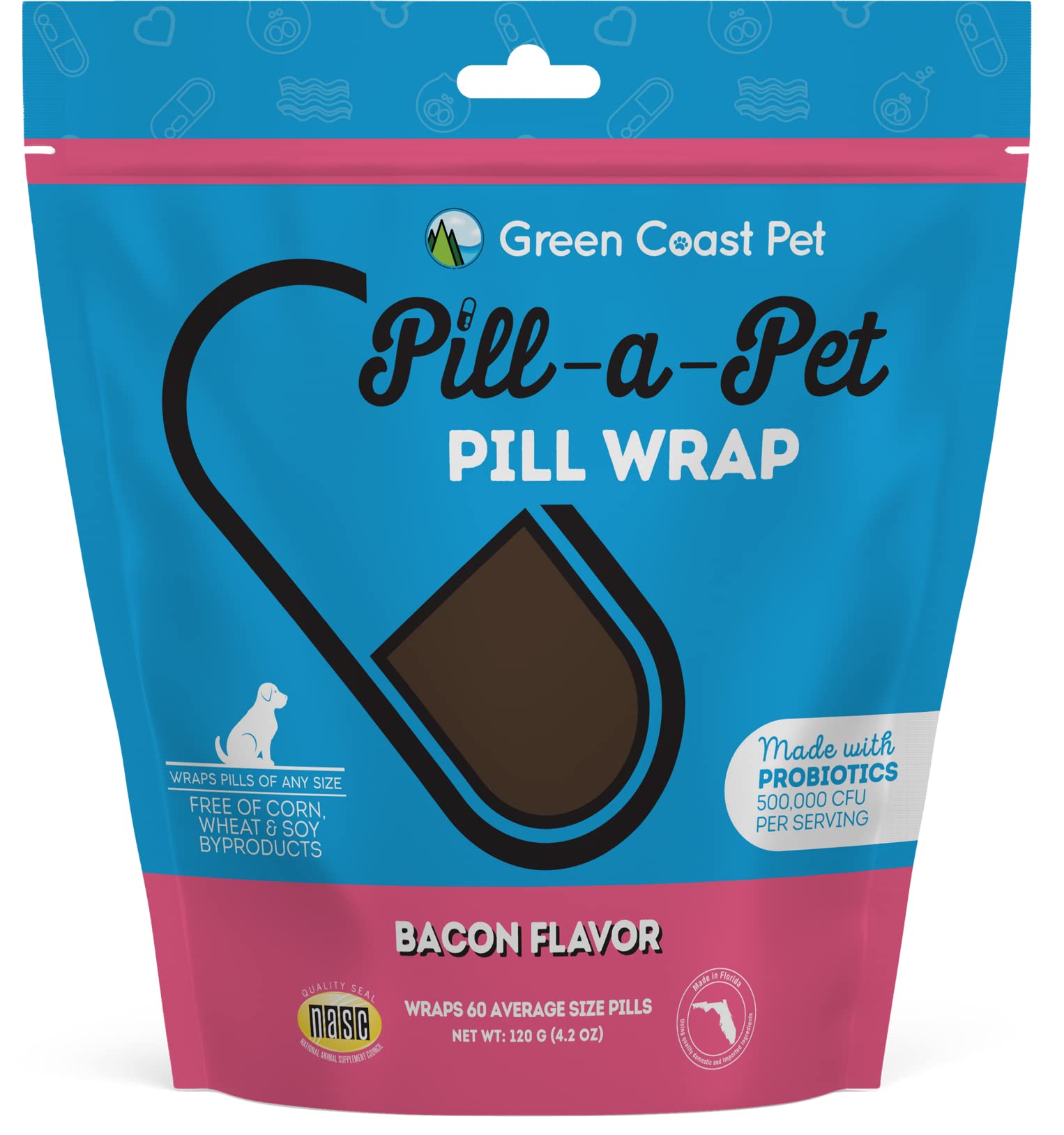 Green Coast Pet Pill-a-Pet Pill Wrap for Dogs Bacon Flavor | Made in USA | Probiotics | 60 Wraps