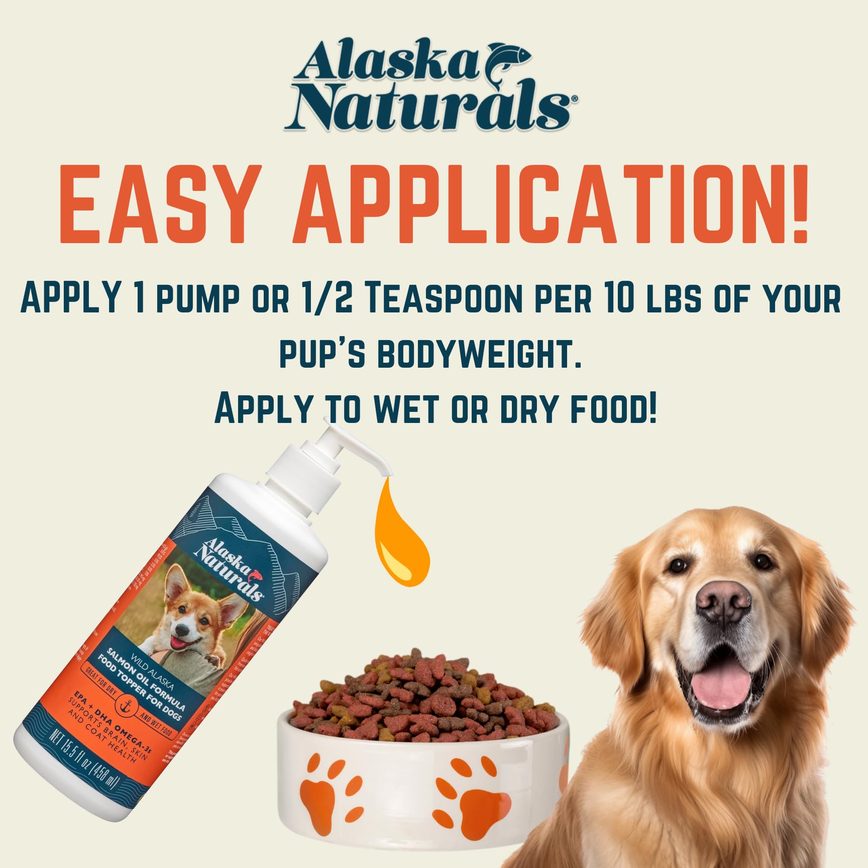 Alaska Naturals Wild Alaskan Salmon Fish Oil for Dogs Skin and Coat – EPA + DHA Omega 3 Oil - Fatty Acids Dog Supplements - Fur Coat and Brain Health - Natural Liquid Food Topper – 15.5 oz. Pump