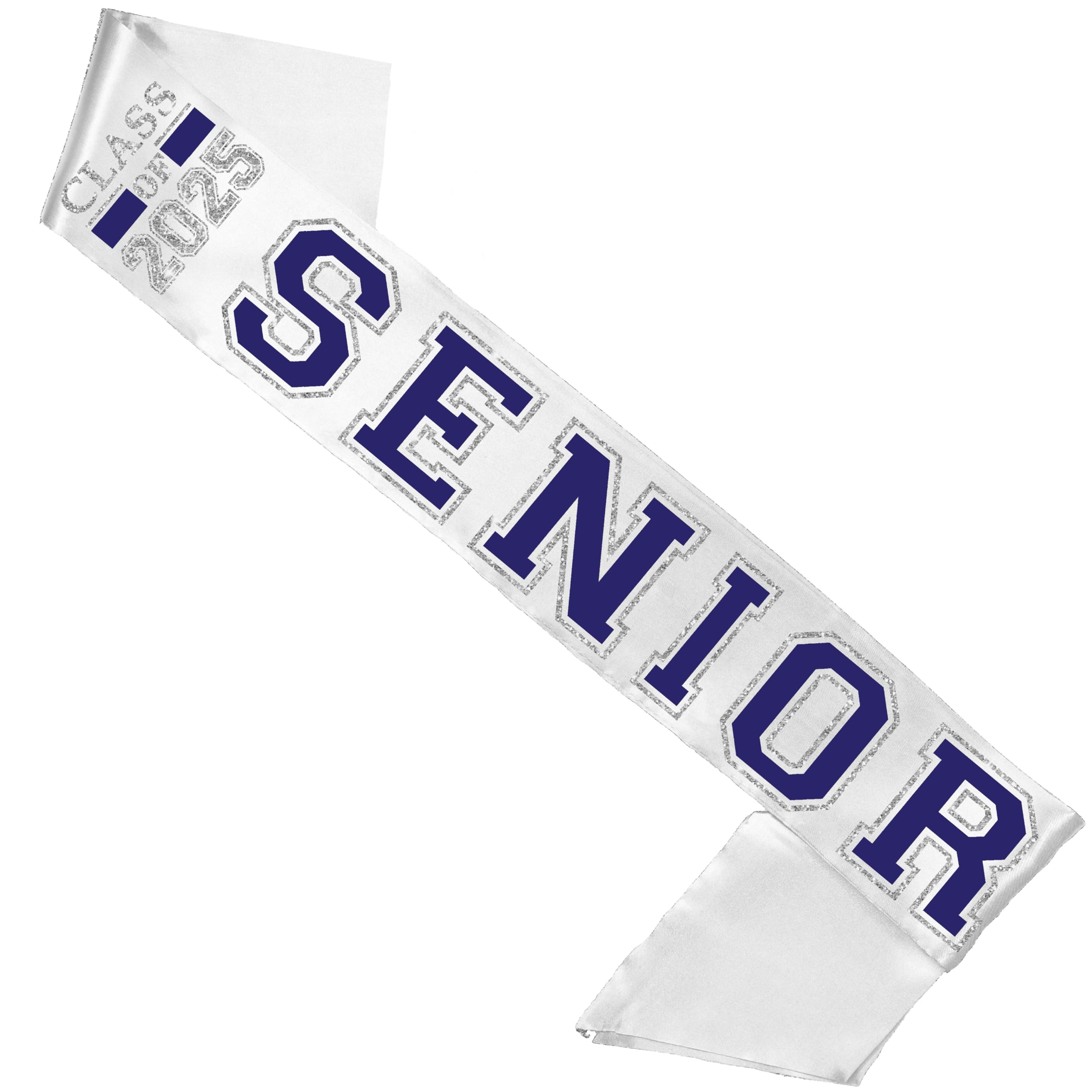 Senior Sash 2025 - PREMIUM GRADE SATIN Navy Blue with Silver Outline Class of 2025 Senior White Satin Sash - UNISEX Senior Night Supplies and Gifts - White Sash (ClsOf25 NVY w/SLV) WHT