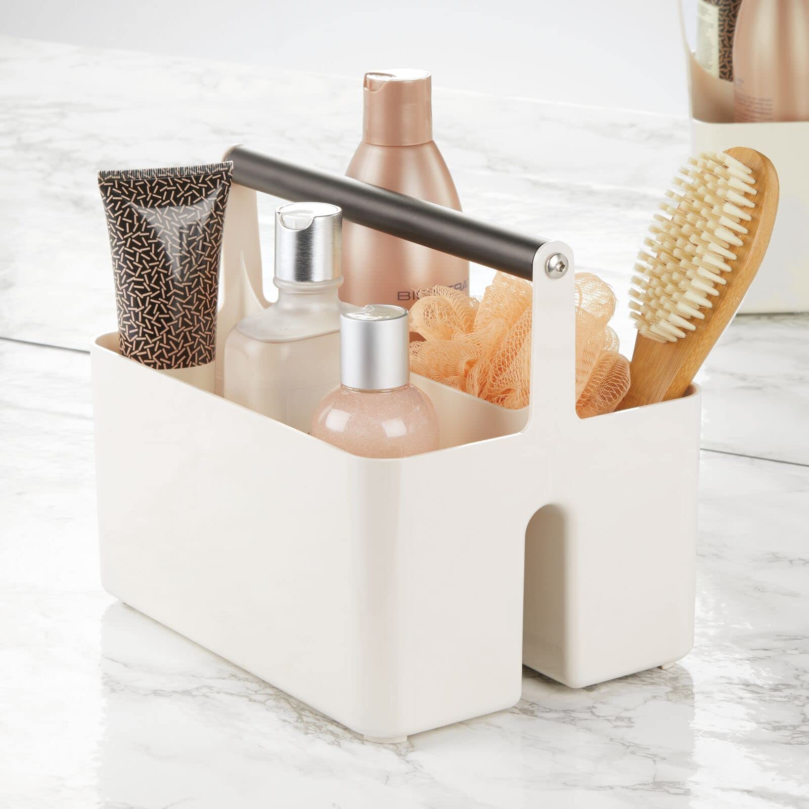 mDesign Plastic Shower Caddy Storage Organizer Utility Tote, Divided Basket Bin - Metal Handle for Bathroom, Dorm, Kitchen, Holds Soap, Shampoo, Conditioner - Aura Collection - Cream/Bronze