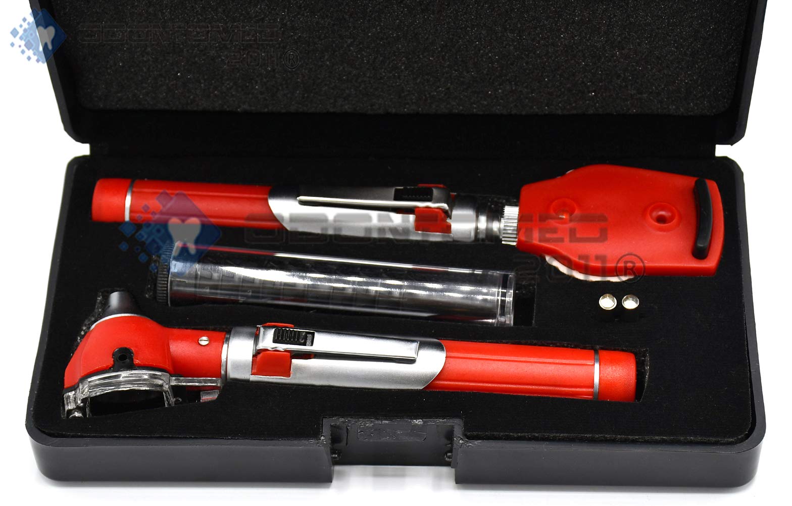 OdontoMed2011® Led Pocket Otoscope Set !Double Handle ! 2 Free Replacement Bulbs ! Bright Light Led (Red)