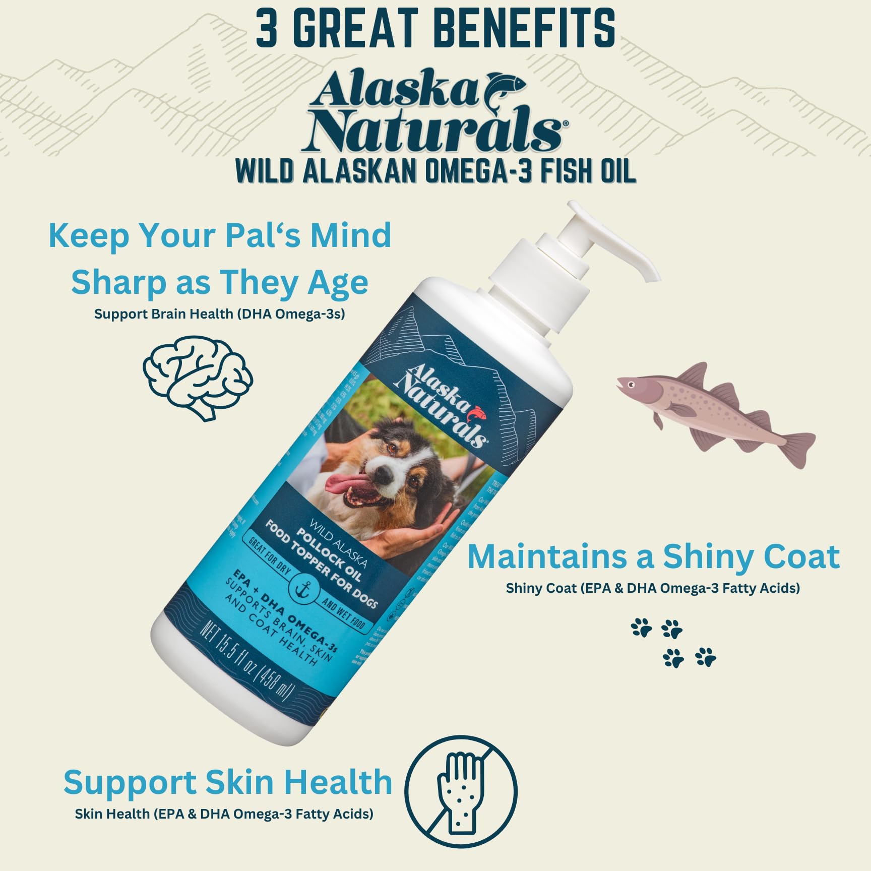 Sustainable Wild Alaskan Fish Oil for Dogs Skin and Coat – EPA + DHA Omega 3 Oil - Fatty Acids Dog Supplements - Support Fur Coat and Brain Health - Natural Liquid Food Topper for Pets – 32 oz. Pump