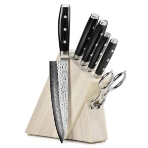 enso knife set - made in japan - hd series - vg10 hammered damascus japanese stainless steel with slim gray ash knife block - 7 piece