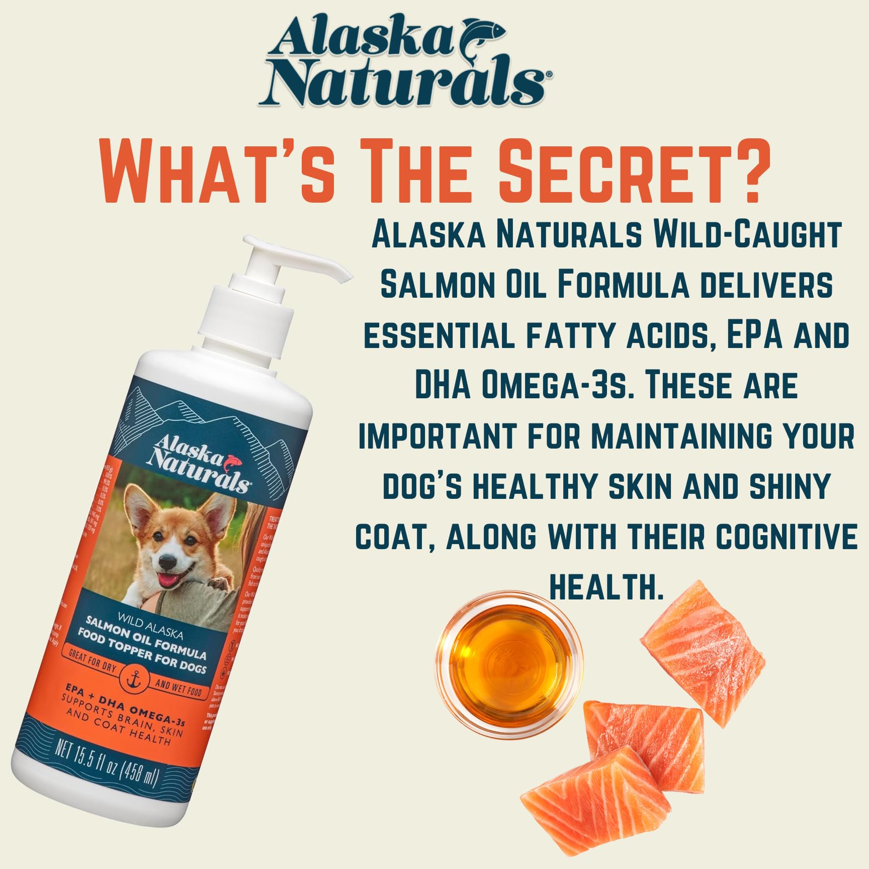 Alaska Naturals Wild Alaskan Salmon Fish Oil for Dogs Skin and Coat – EPA + DHA Omega 3 Oil - Fatty Acids Dog Supplements - Fur Coat and Brain Health - Natural Liquid Food Topper – 15.5 oz. Pump