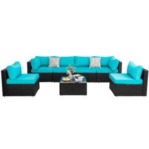 Walsunny 7 Pieces Patio Outdoor Furniture Sets,Low Back All-Weather Rattan Sectional Sofa with Tea Table&Washable Couch Cushions (Blue)