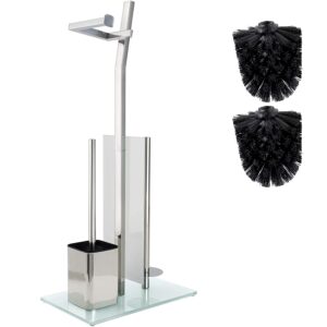 wc set with roll holder - shiny chrome - toilet paper holder - stainless steel chrome-plated - glass base - dim: 32x20x70cm– easy installation – plus: 1+2 extra toilet brush heads for exchange!