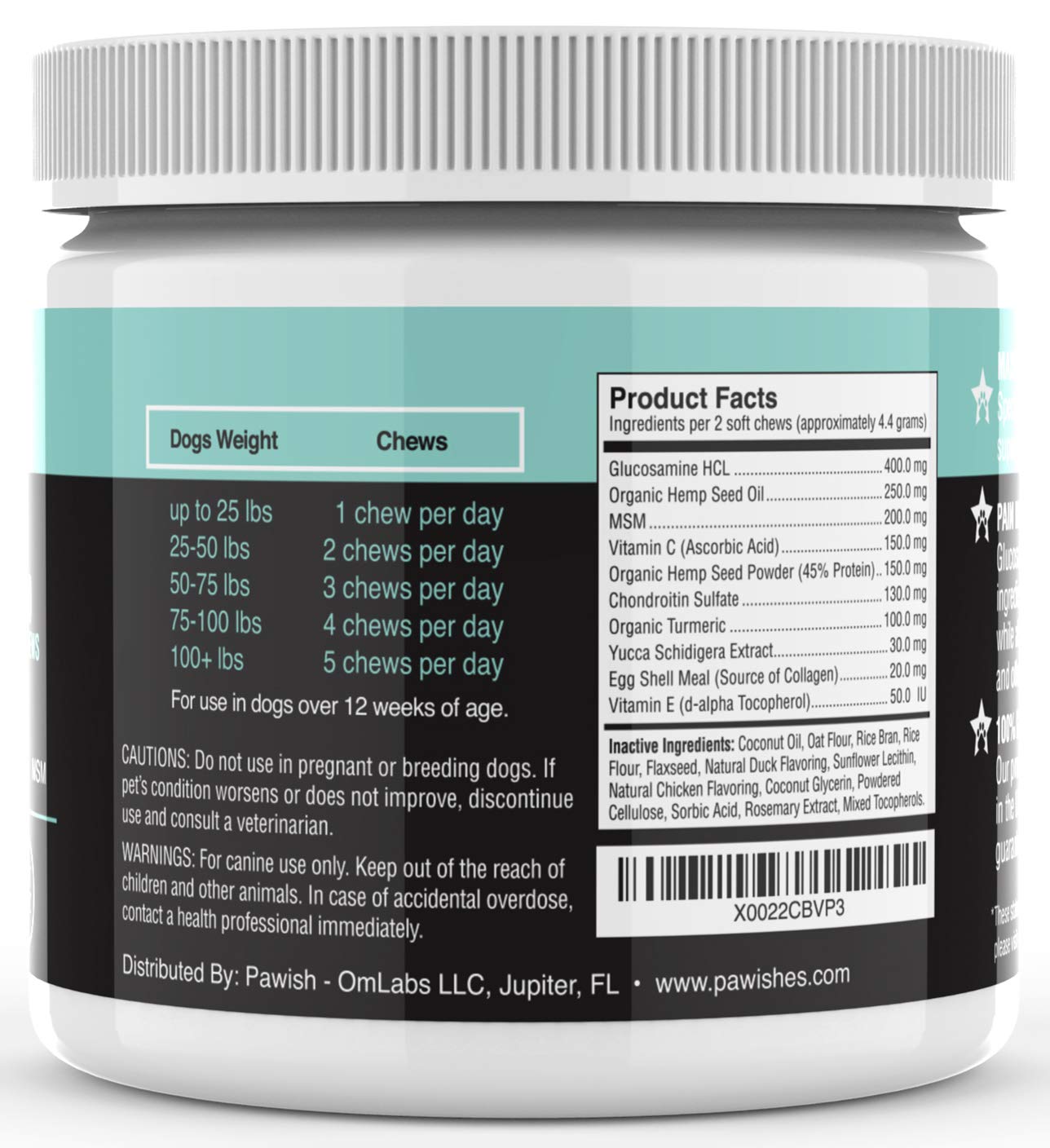 Hemp Hip & Joint Supplement for Dogs with Organic Hemp Oil, Glucosamine, Turmeric, MSM - for Joint Support, Mobility, Arthritis Pain Relief and Anxiety - 120 Soft Chews