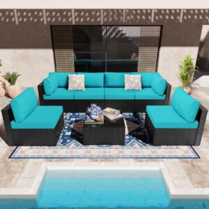 walsunny 7 pieces patio outdoor furniture sets,low back all-weather rattan sectional sofa with tea table&washable couch cushions (blue)