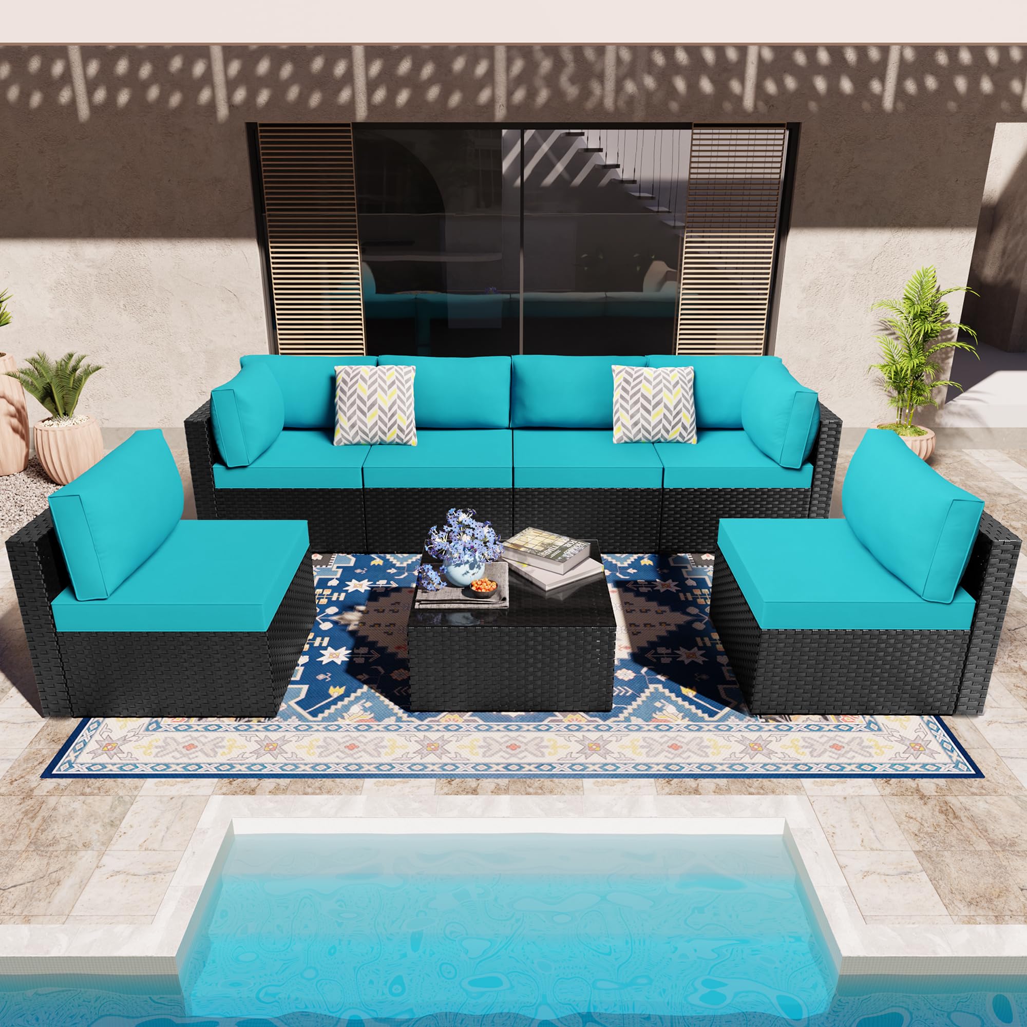 Walsunny 7 Pieces Patio Outdoor Furniture Sets,Low Back All-Weather Rattan Sectional Sofa with Tea Table&Washable Couch Cushions (Blue)