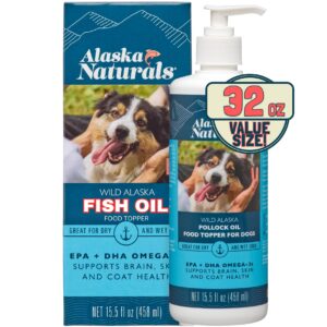 sustainable wild alaskan fish oil for dogs skin and coat – epa + dha omega 3 oil - fatty acids dog supplements - support fur coat and brain health - natural liquid food topper for pets – 32 oz. pump