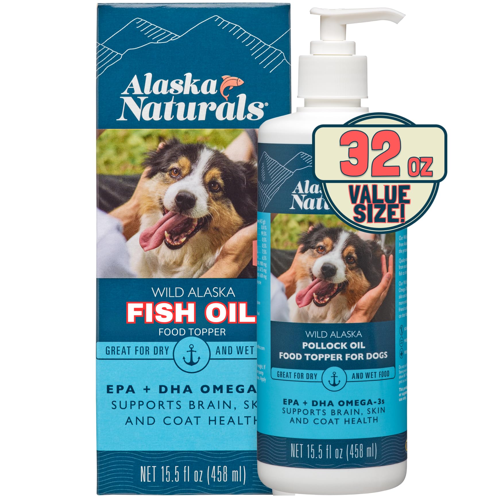 Sustainable Wild Alaskan Fish Oil for Dogs Skin and Coat – EPA + DHA Omega 3 Oil - Fatty Acids Dog Supplements - Support Fur Coat and Brain Health - Natural Liquid Food Topper for Pets – 32 oz. Pump