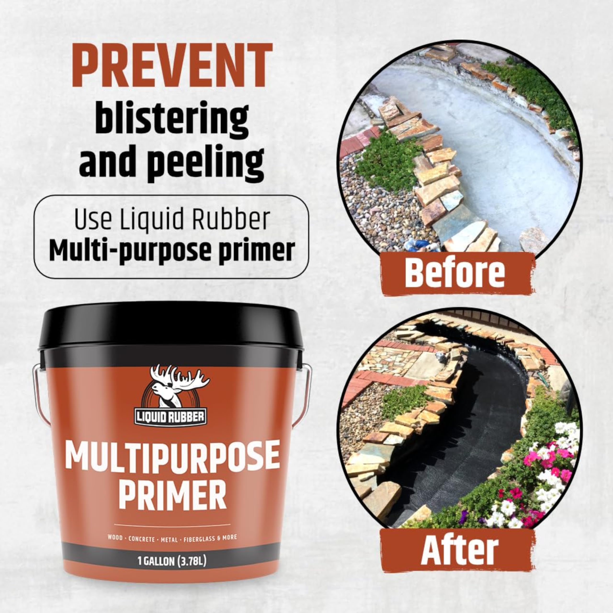 Liquid Rubber Multi-Purpose Primer - Use on Concrete and Wood, Water-Based Non-Toxic and Fast Drying, Easy to Apply, 1 Gallon