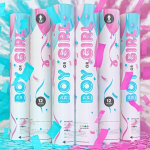 (3 pink confetti & 3 blue confetti) baby gender reveal confetti cannon with holi powder | tur party supplies | 12 inch biodegradable gender reveal cannons for gender reveal decorations & party